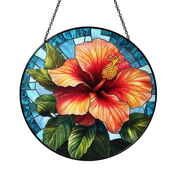 Bright Hibiscus Floral Round Stained Glass Window Hanging, Tropical ...