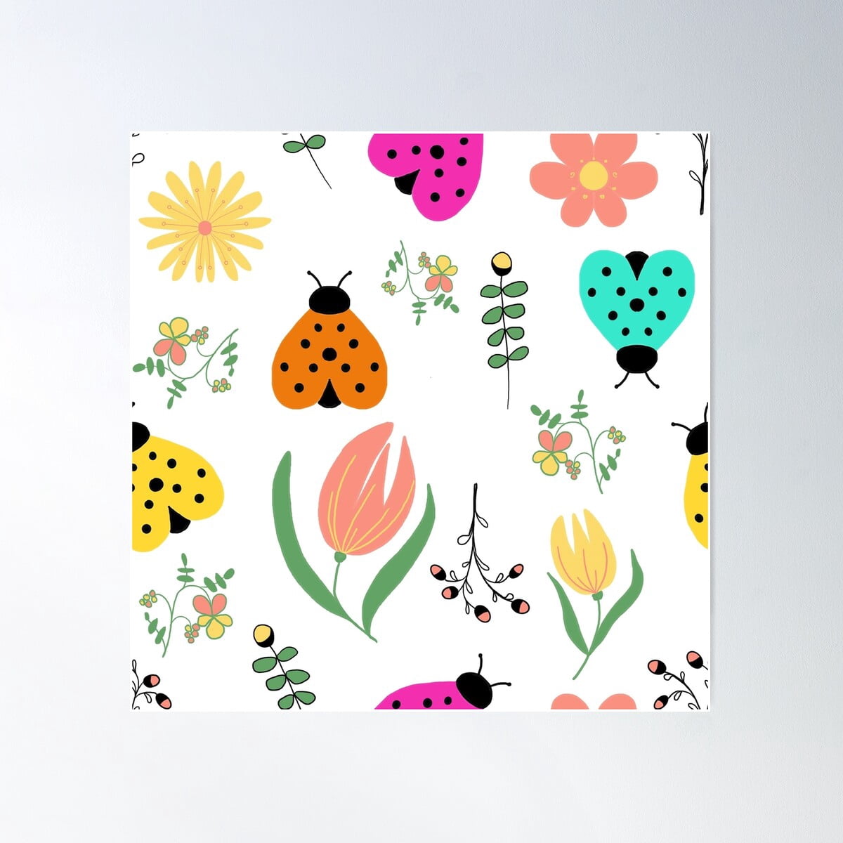 Bright Ladybugs And Flowers Poster Wall Art, Modern Wall Decor For ...