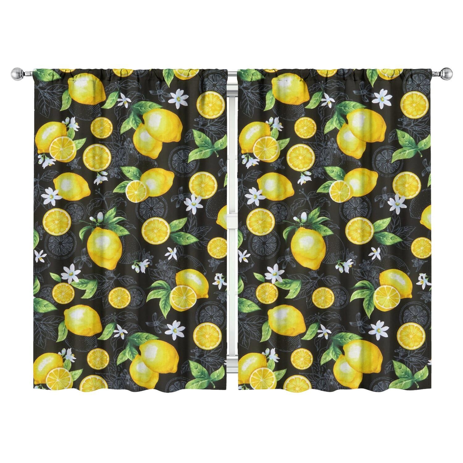 Bright Lemon Print Kitchen Curtains - 2 Piece Set, Summer Floral Design, Semi-Sheer Caf Curtains ...