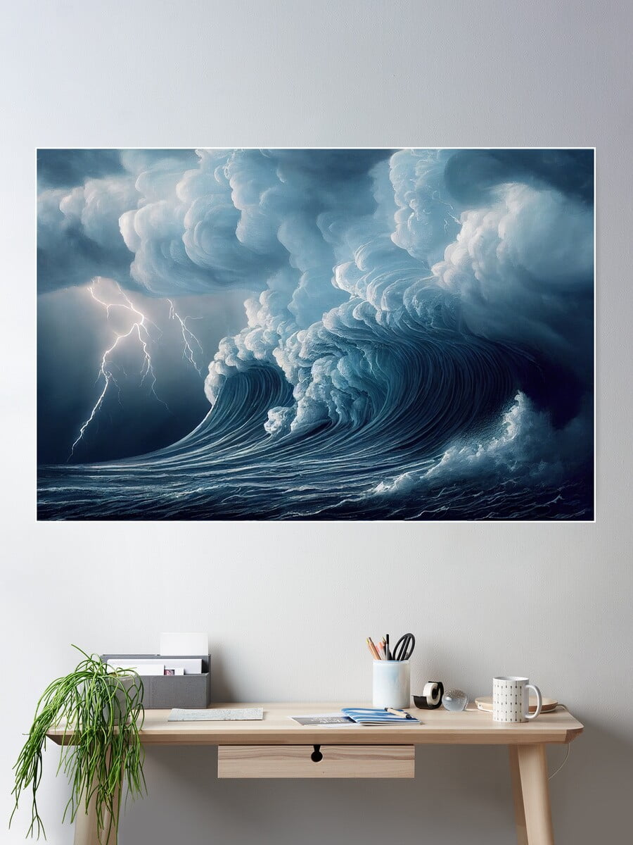 Bright Lightning In A Raging Sea. A Strong Storm In The Ocean. Big Waves. Night Thunderstorm ...