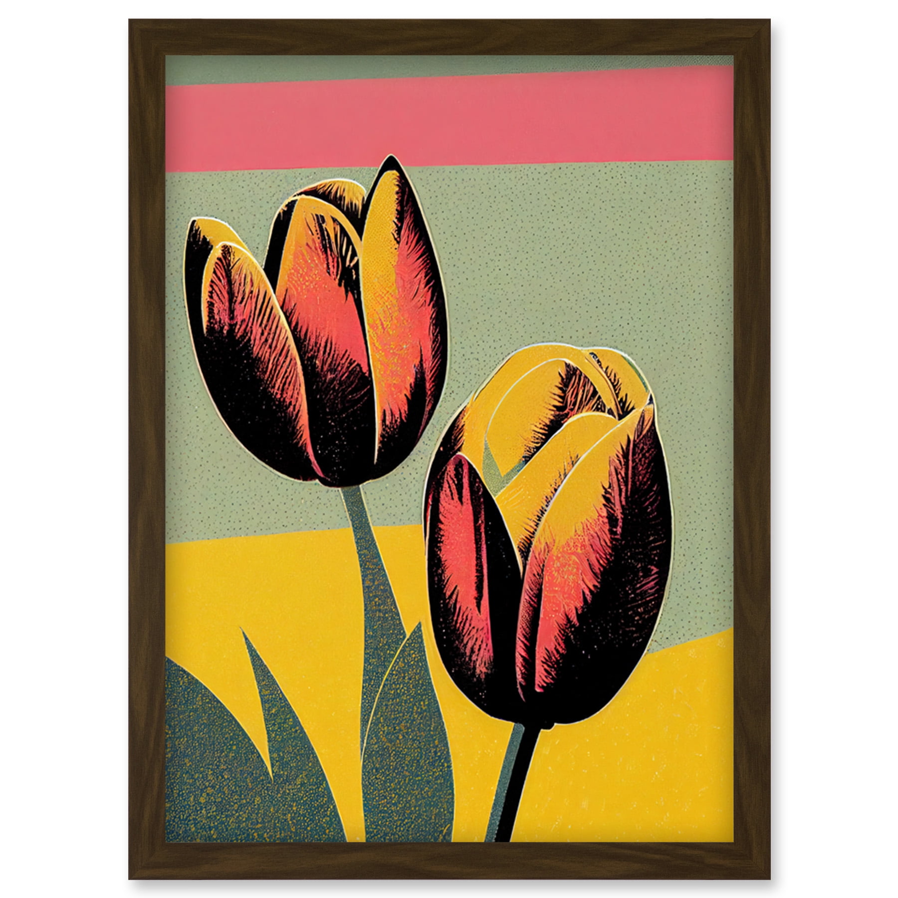 Bright Modern Silkscreen Tulip Blooms Stencil Dusky Pink Sage Green Mustard Yellow Artwork ...