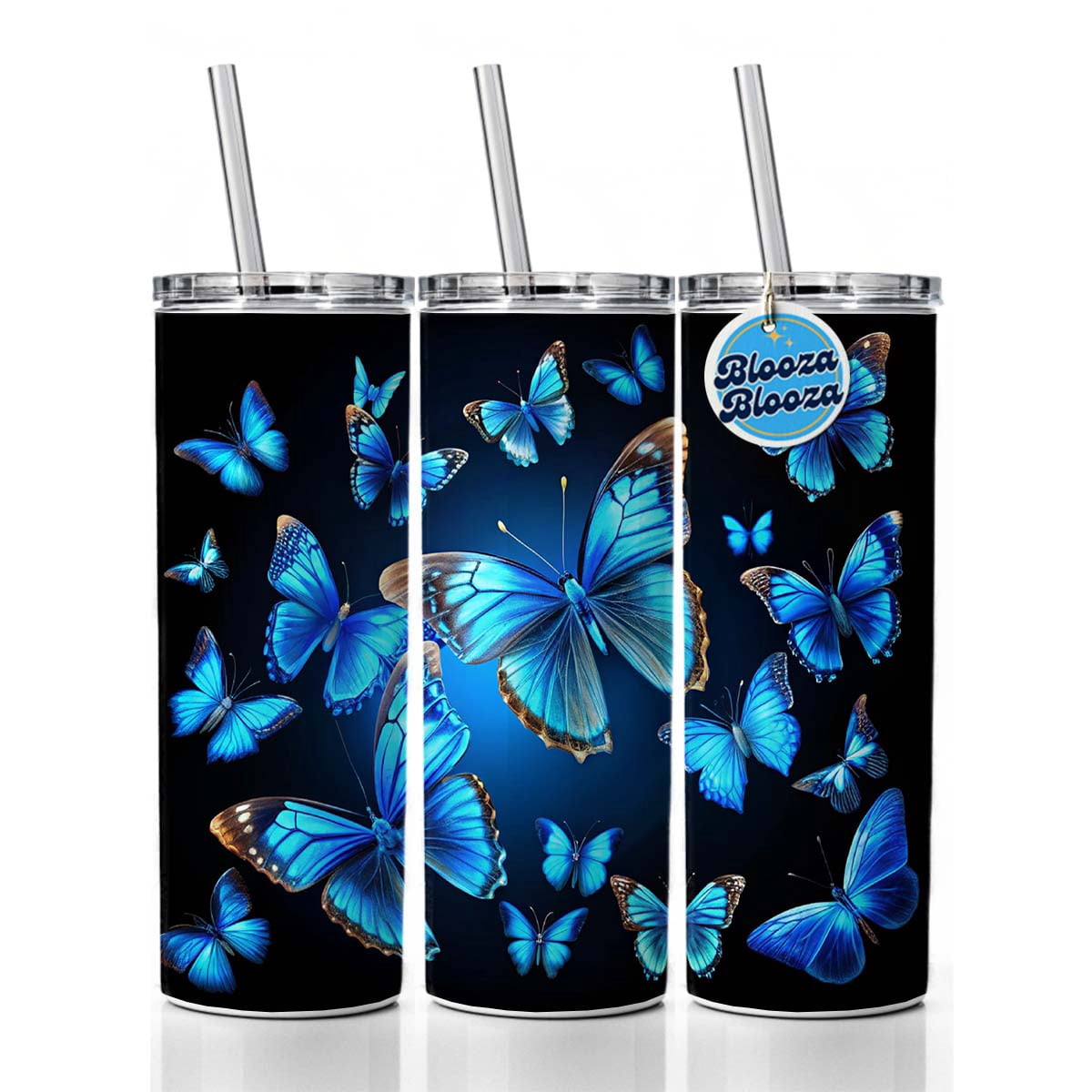 Bright Neon Blue Butterflies 20oz Insulated Water Bottle Skinny Tumbler ...
