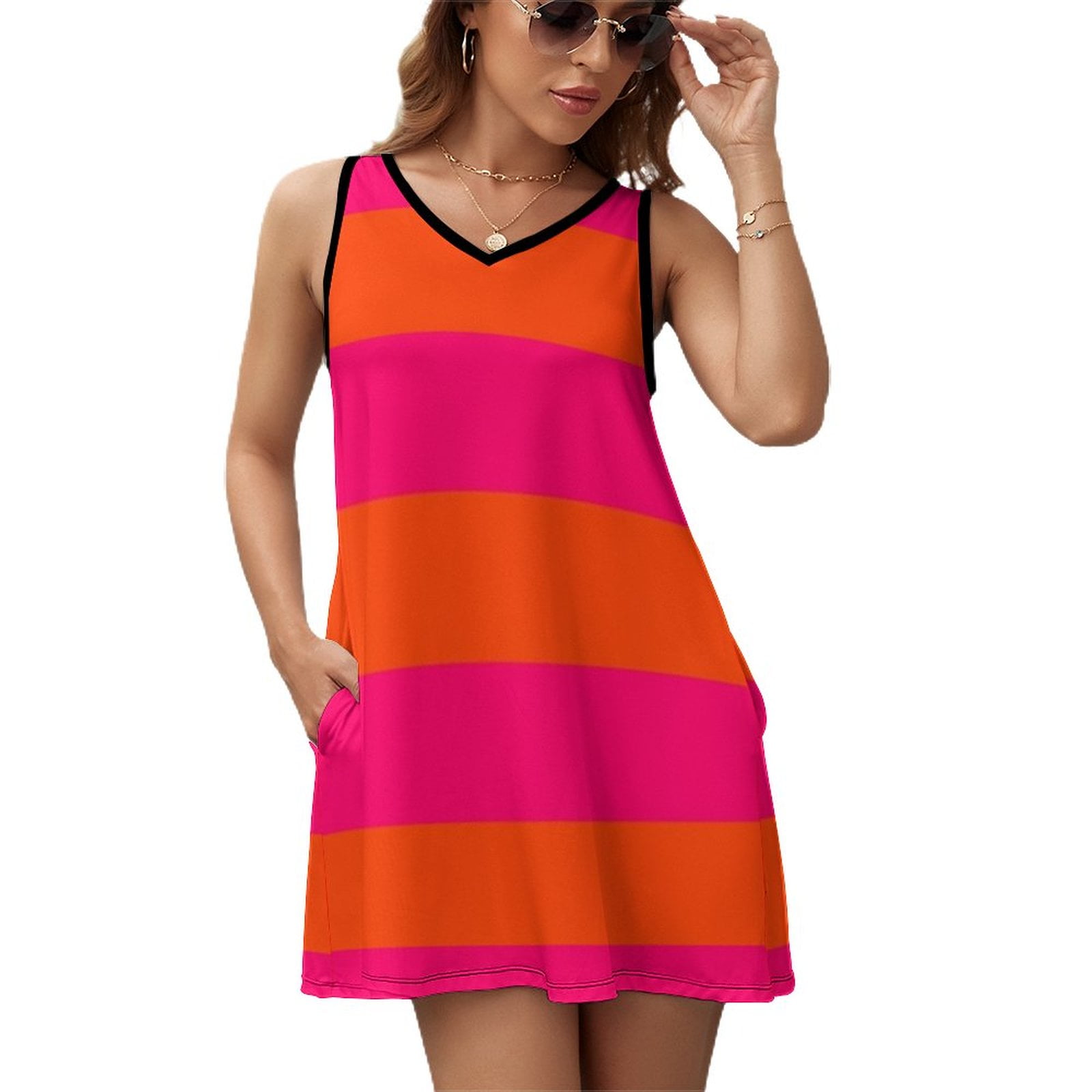 Bright Neon Pink And Orange Horizontal Cabana Tent Stripes Flare Dress ...