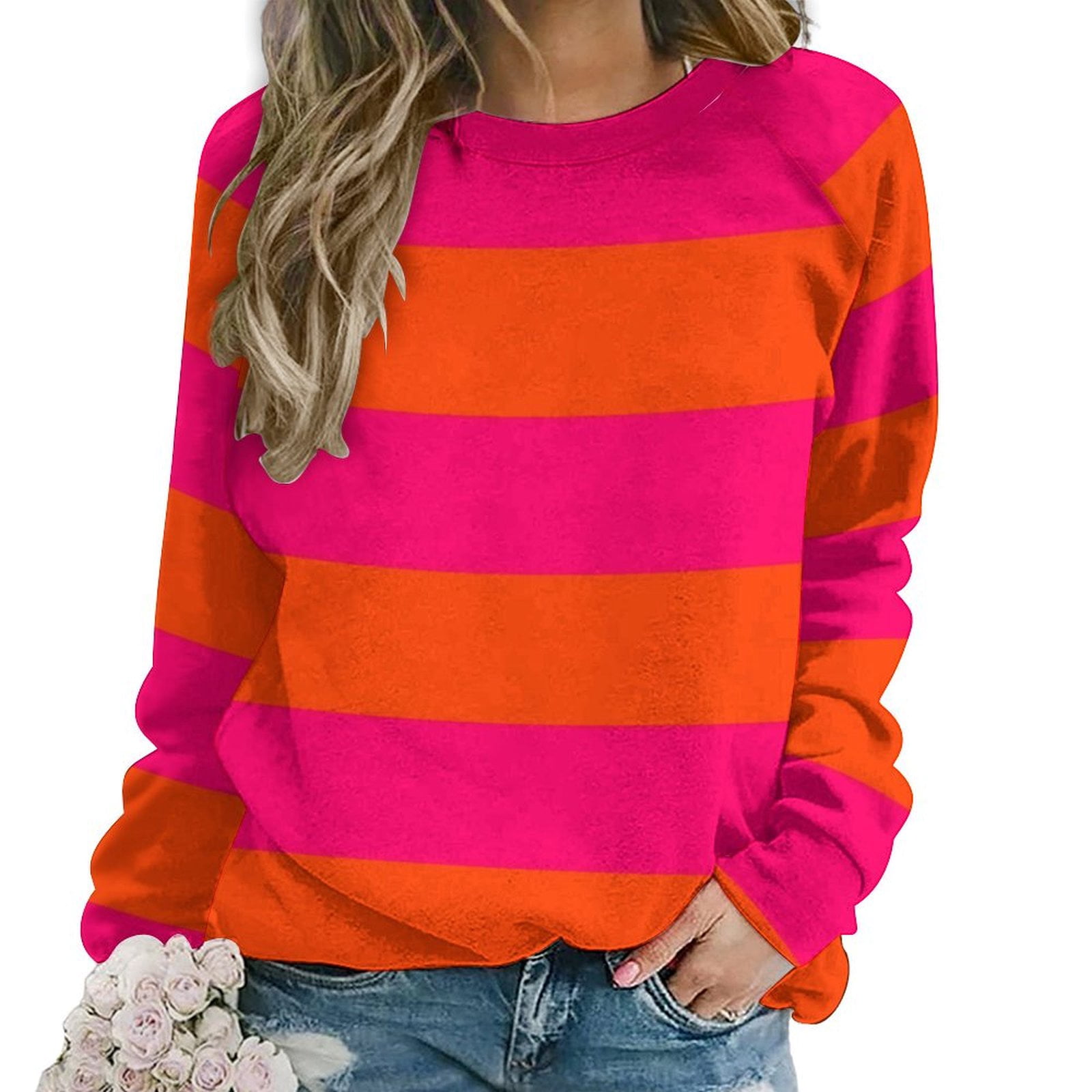 Bright Neon Pink And Orange Tent Stripes Hoodies Female Korean Fashion ...