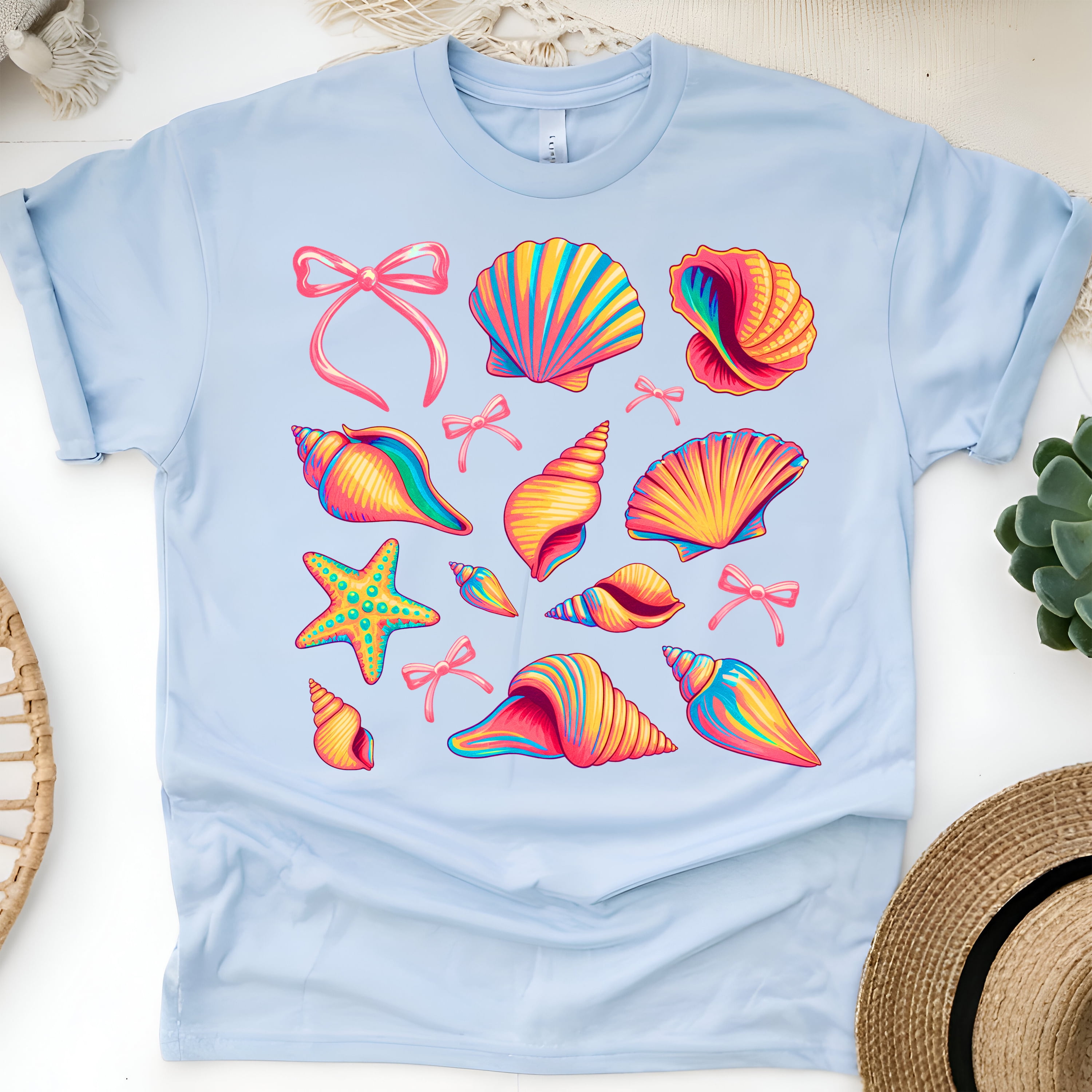 Bright Ocean Shells and Starfish Shirt for Women, Cute Pastel Beach ...