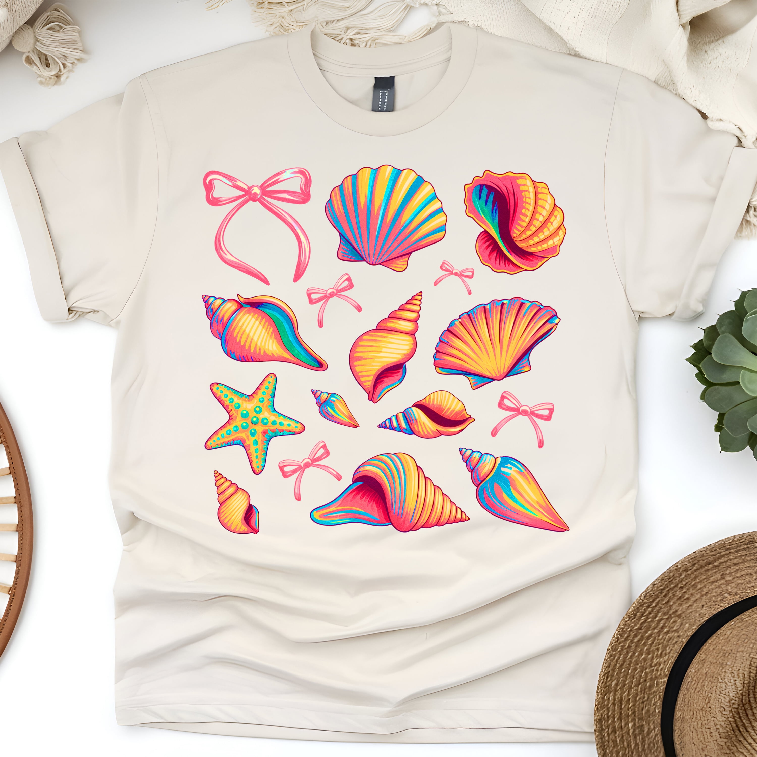 Bright Ocean Shells and Starfish Shirt for Women, Cute Pastel Beach ...