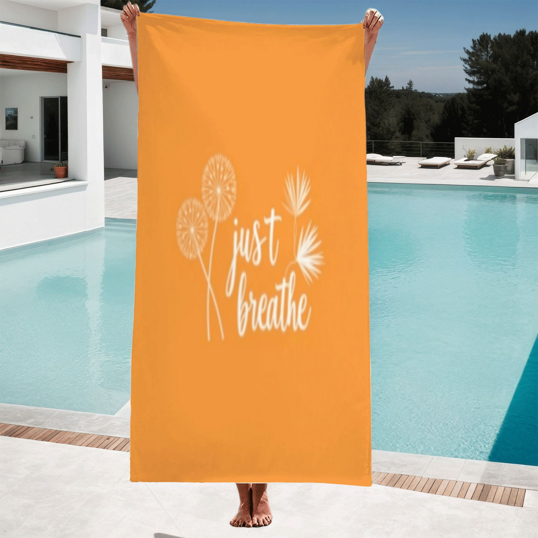 Bright Orange Beach Towel with ' Just Breathe ' Quote in White Cursive ...
