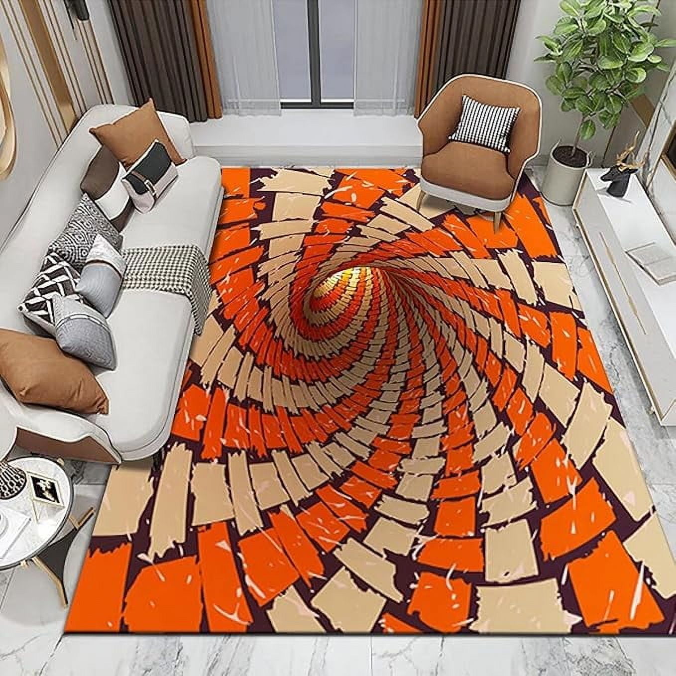 Bright Orange Brick Vortex 3D Optical Illusion Area Rug For Living Room ...