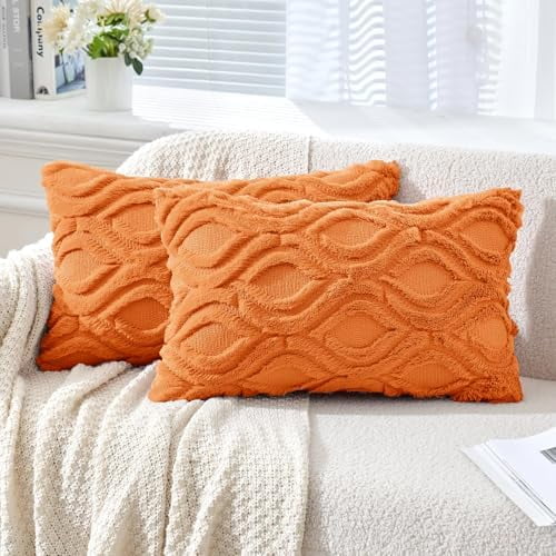 Bright Orange Fall Throw Pillow Covers 12x20 Inch, Soft Plush Faux Wool ...