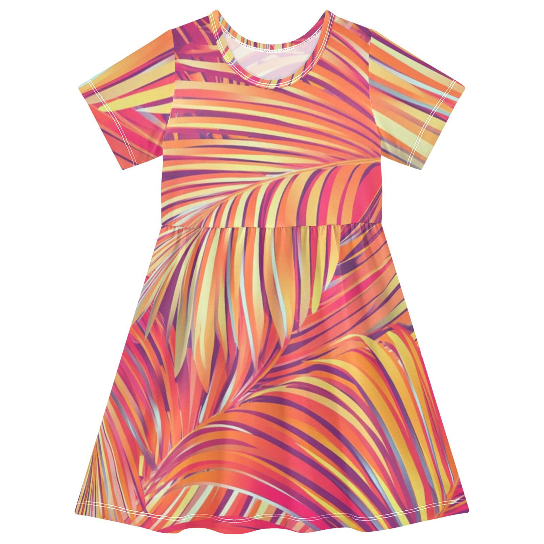 Bright Orange Pinkish Palm Leaves Girls' Short Sleeve Dress A-Line One ...