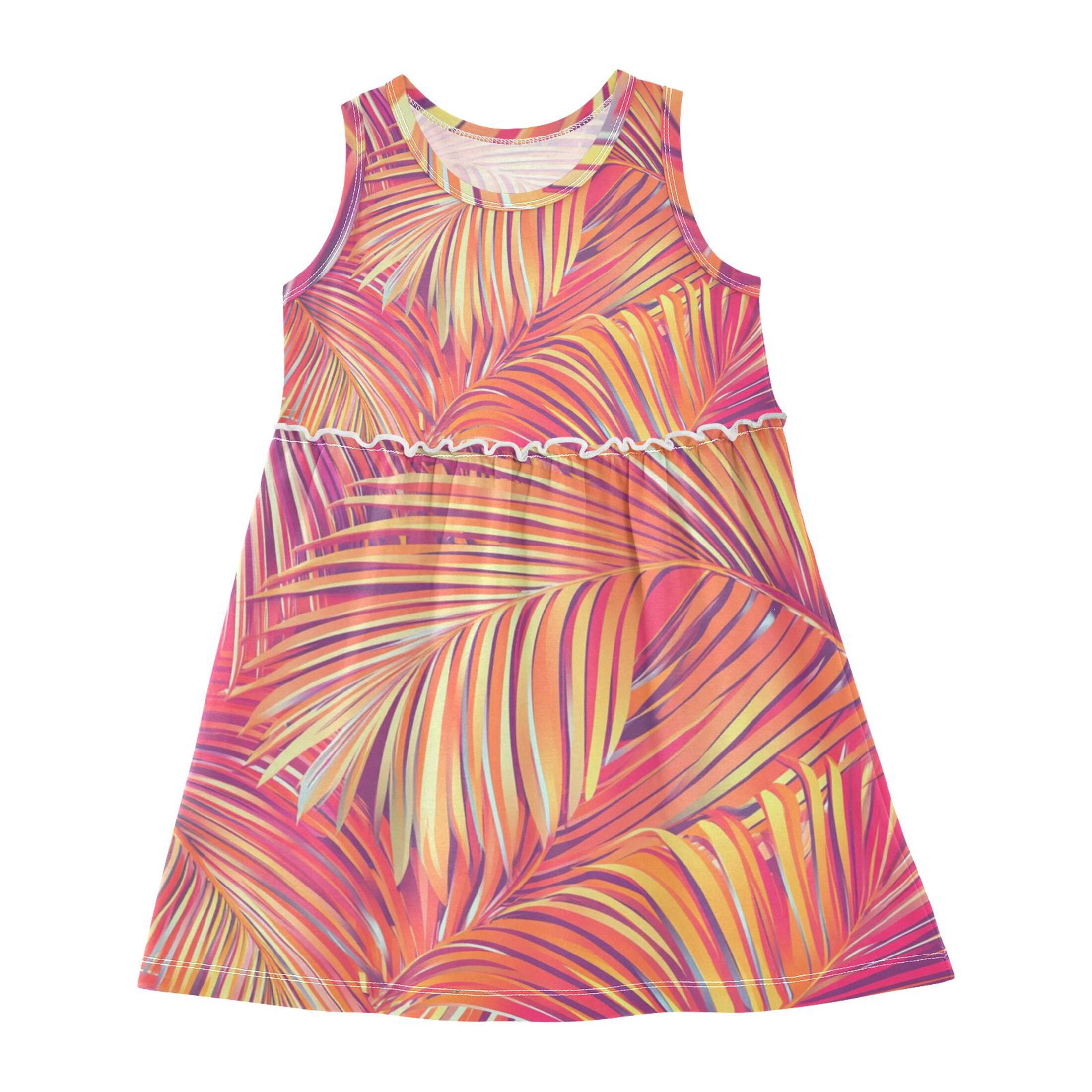 Bright Orange Pinkish Palm Leaves Sleeveless Dress A-Line One-Piece ...