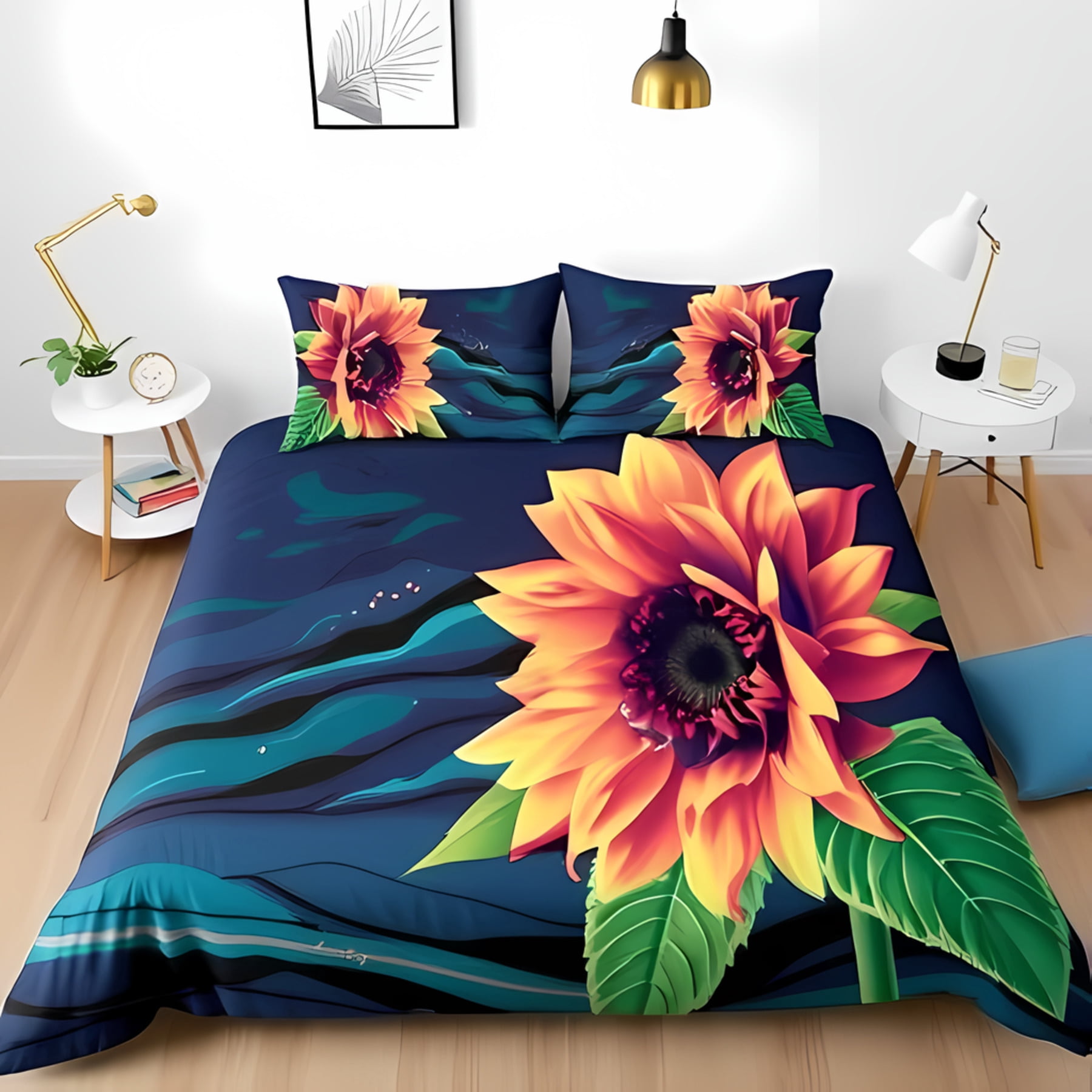 Bright Orange Sunflower 3-Piece Duvet Cover Set with Teal & Black ...