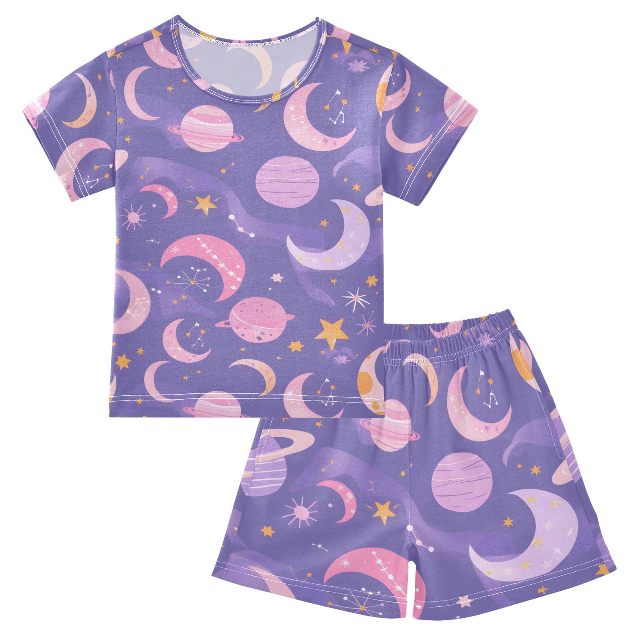 Bright Pastel Moons Pattern Summer Pajama Set Soft Cotton Short Sleeve ...