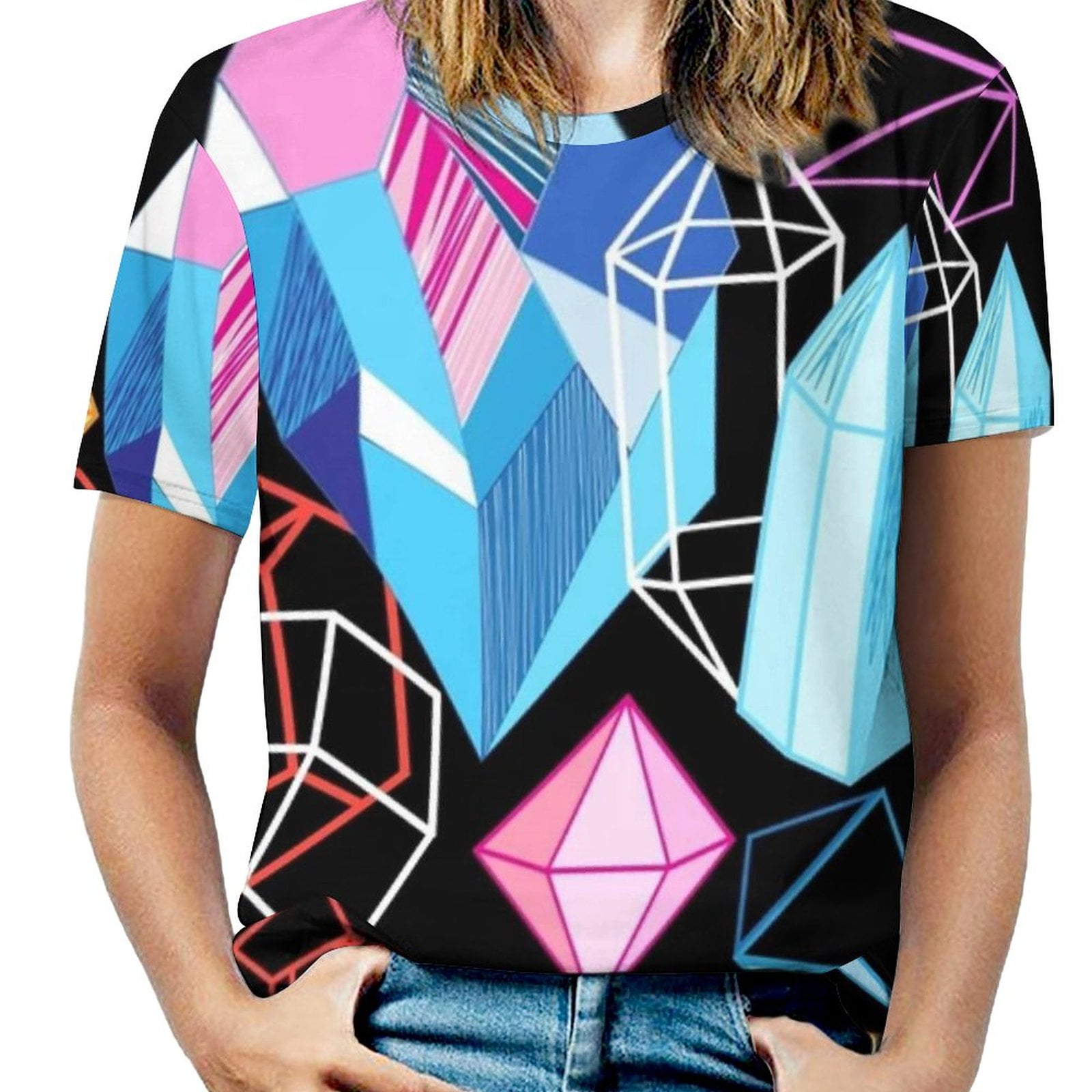 Bright Pattern Crystals 2331 Women Print T Shirt Casual Off Shoulder ...
