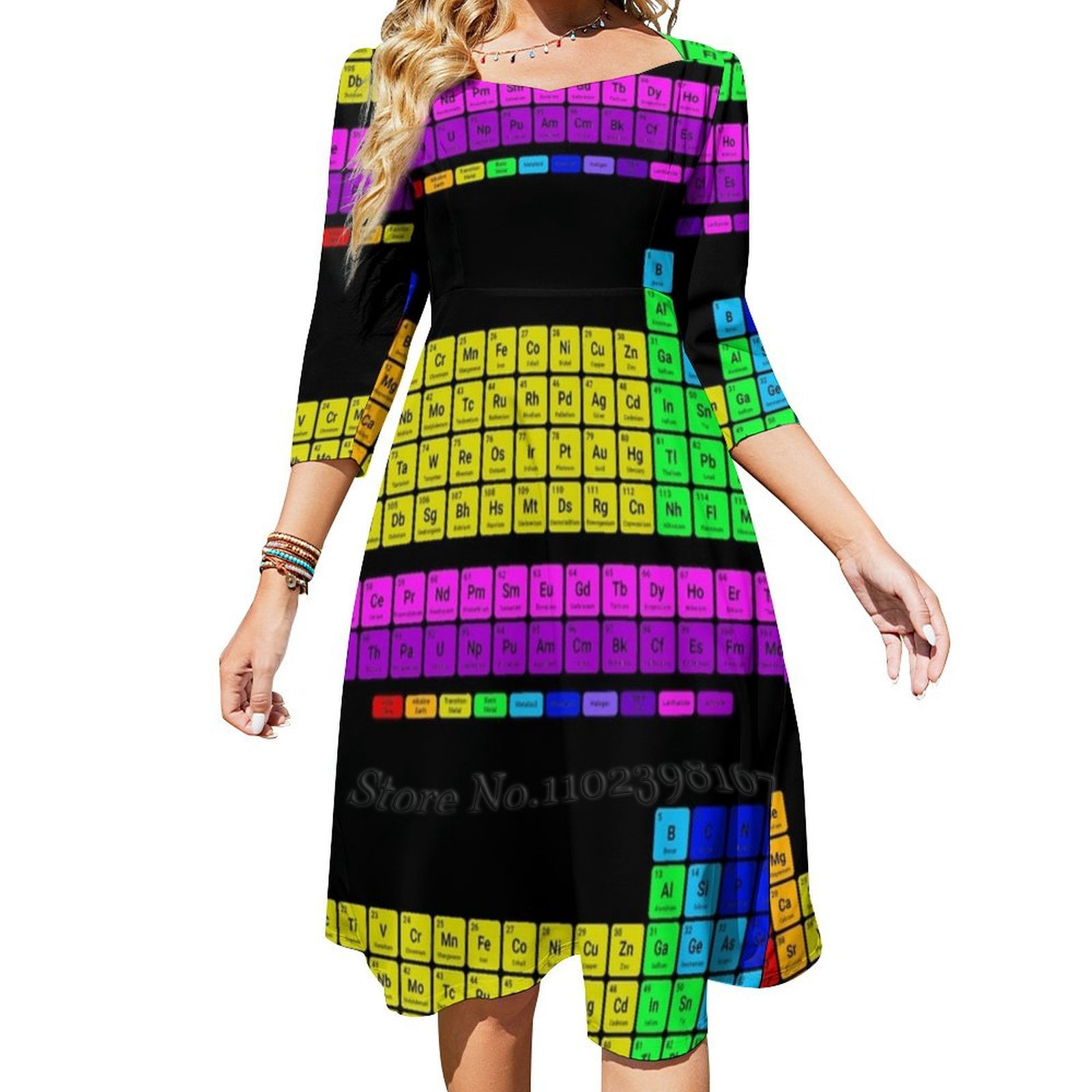 Bright Periodic Table Flare Dress Square Neck Dress Elegant Female ...