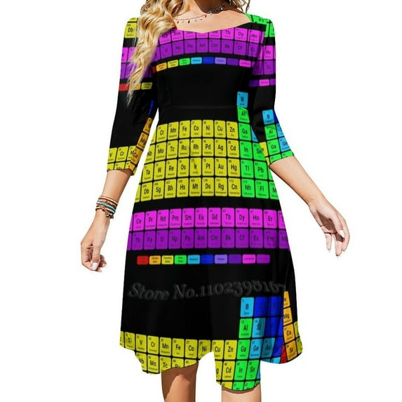 Bright Periodic Table Flare Dress Square Neck Dress Elegant Female ...