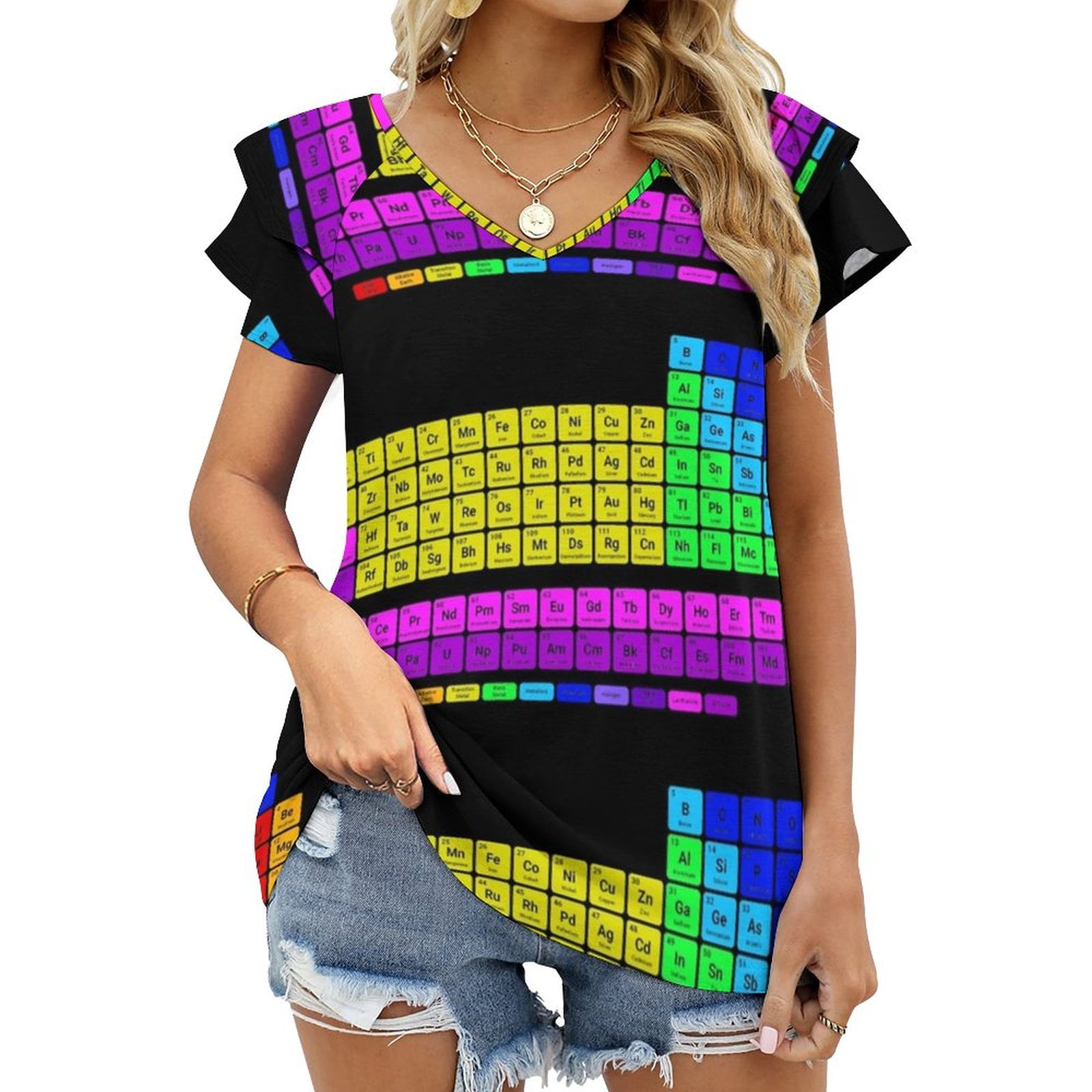 Bright Periodic Table Ruffle Short Sleeve T Shirts Summer V Neck Tops ...