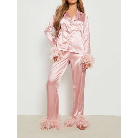 Bright Pink 2-Piece Satin Lounge Set With Feather Trim Long Sleeve ...