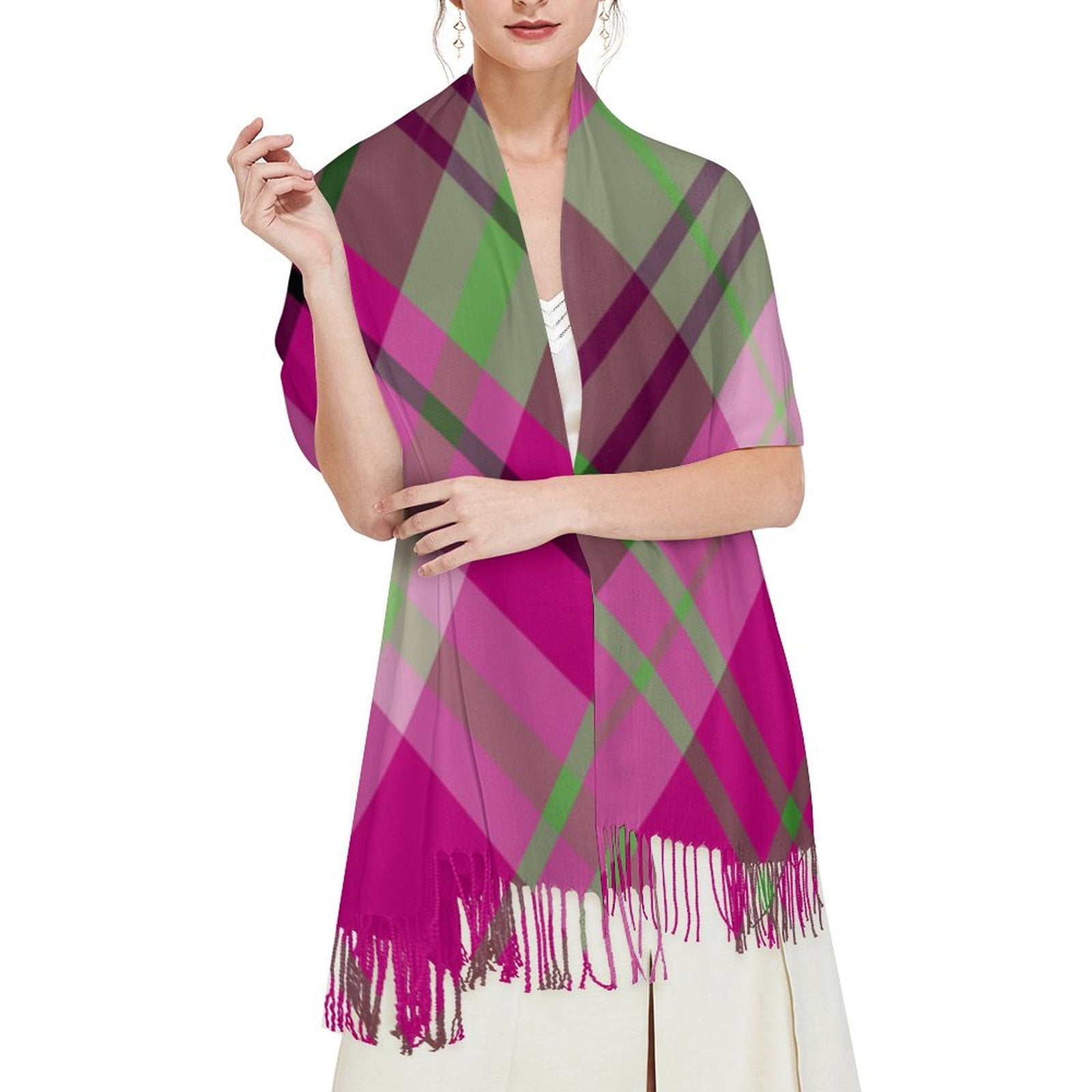 Bright Pink And Green Plaid 79x28 inches Fringed Scarf Scarf for Keeping Warm and Stylish ...