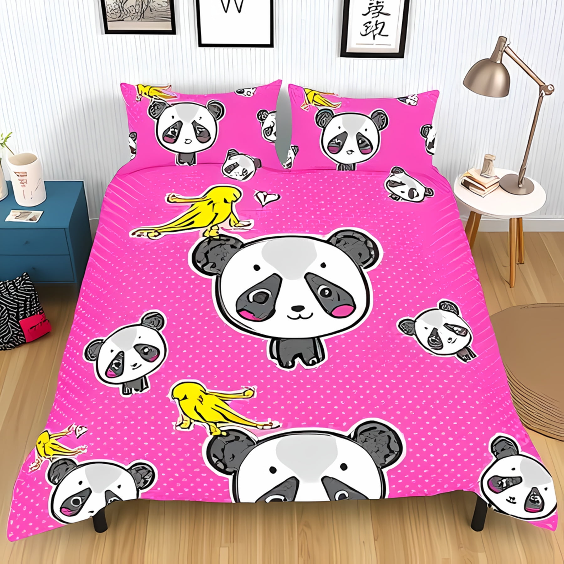 Bright Pink Panda & Bird Bedding Set Whimsical Cartoon Design - Cozy ...