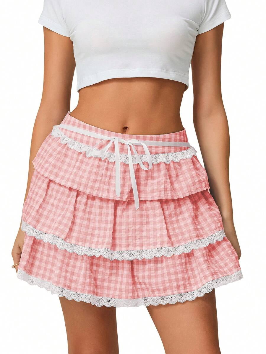 Bright Pink Plaid Lace Trim Tiered Mini Skirt With Ruffle Layers And ...