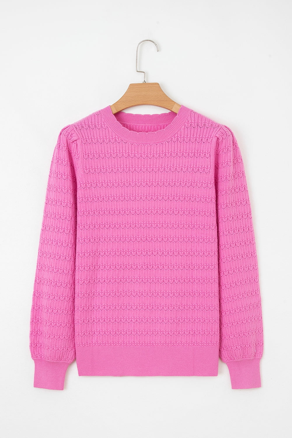 Bright Pink Trendy Pattern Knit Ribbed Cuffs Crew Neck Sweater ...