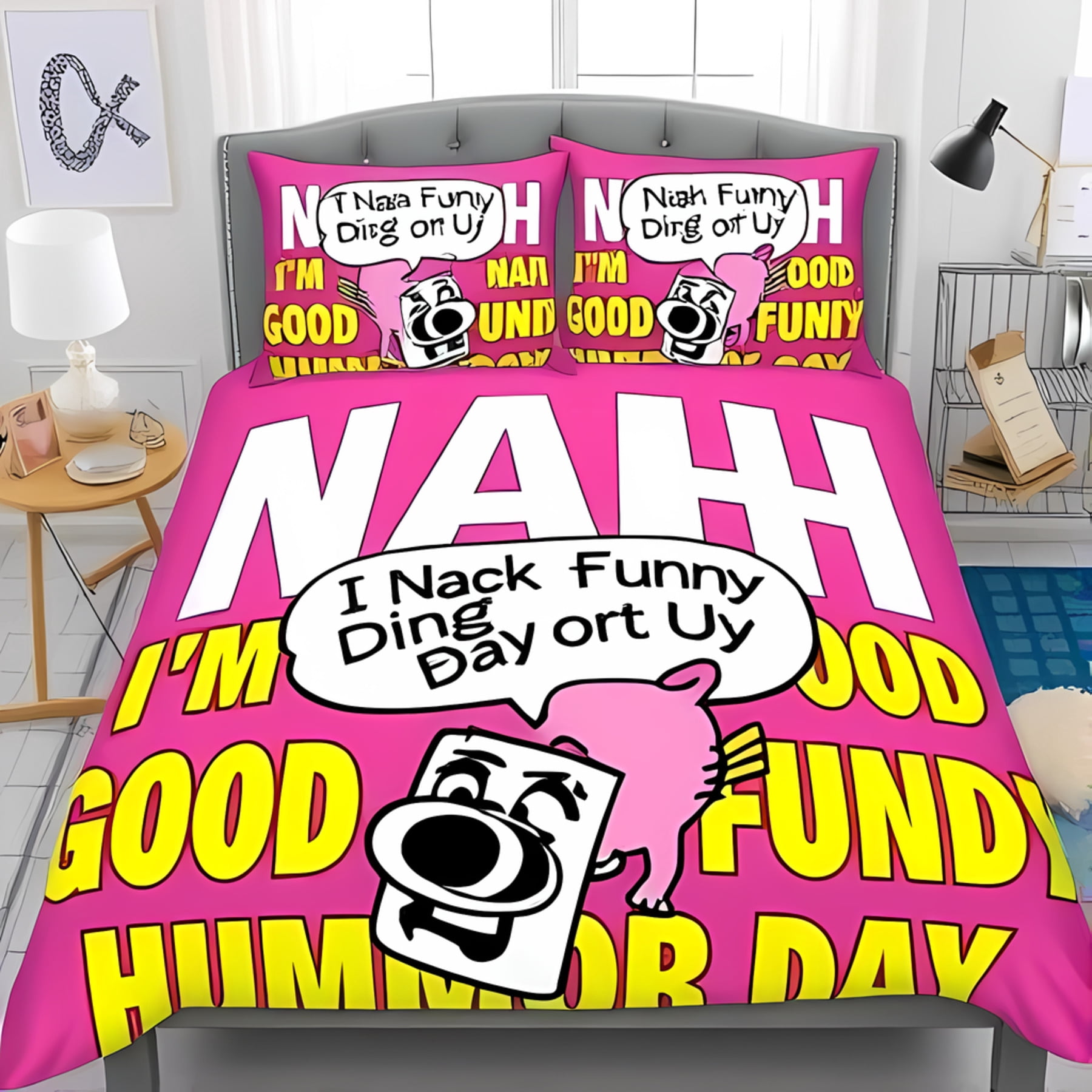 Bright Pink & Yellow 3-Piece Duvet Cover Set with Fun Text & Cartoon ...