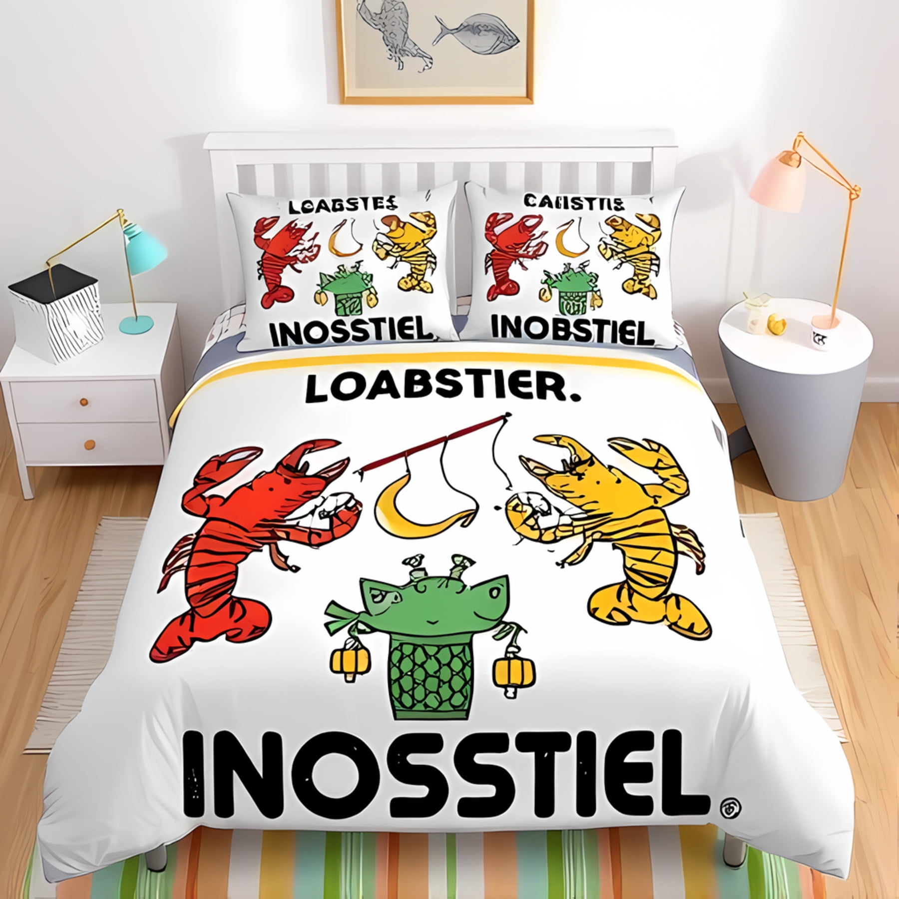 Bright & Playful 3-Piece Lobster Duvet Cover Set - Cartoon Lobsters Fun ...