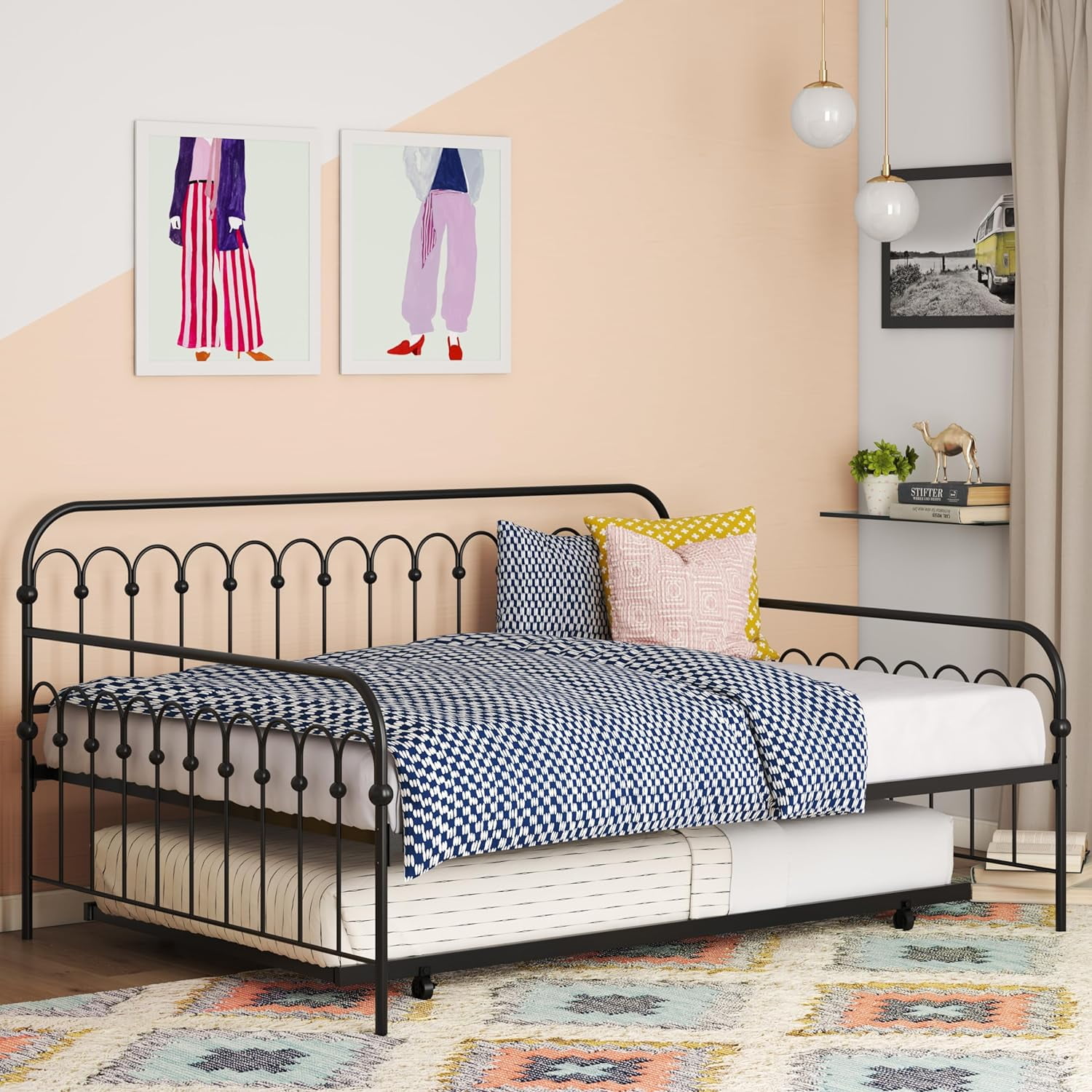 Bright Pop Full Metal Daybed with Twin Trundle Bed, Black - Walmart.com