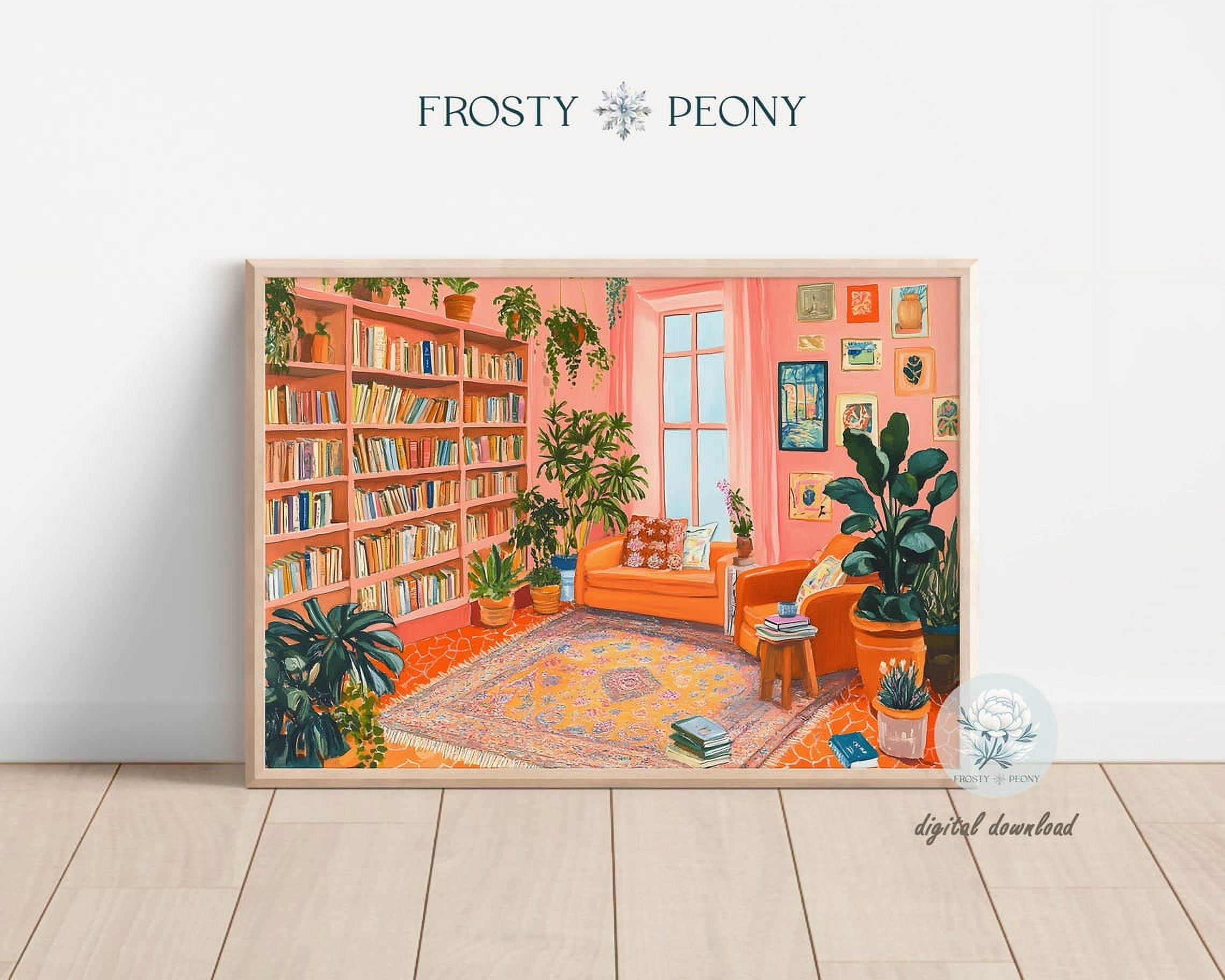 Bright Reading Corner Art Print, Cozy Bookshelves And Plants Art Print ...