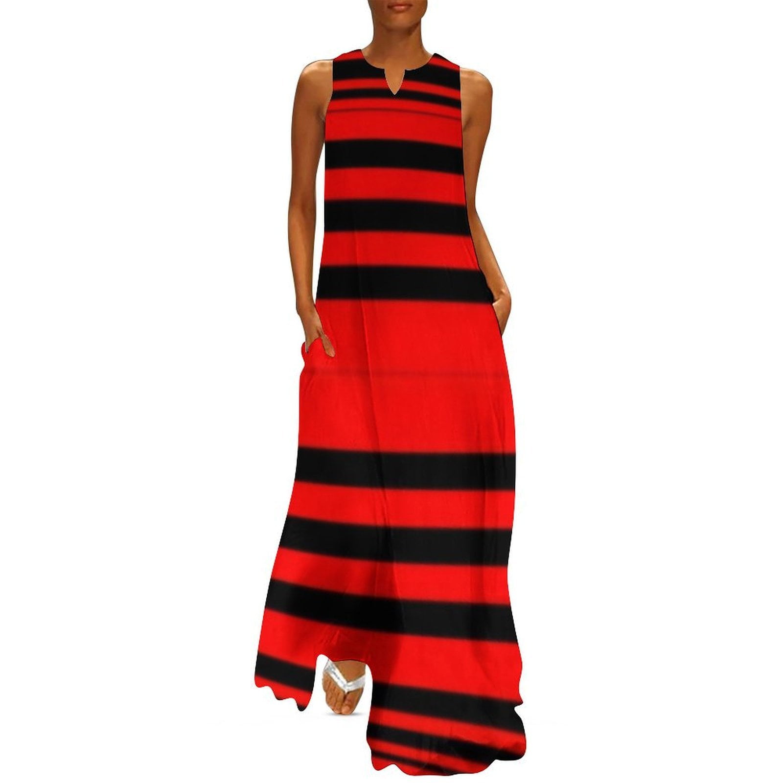 Bright Red And Black Horizontal Stripes Long Dress dress women summer ...