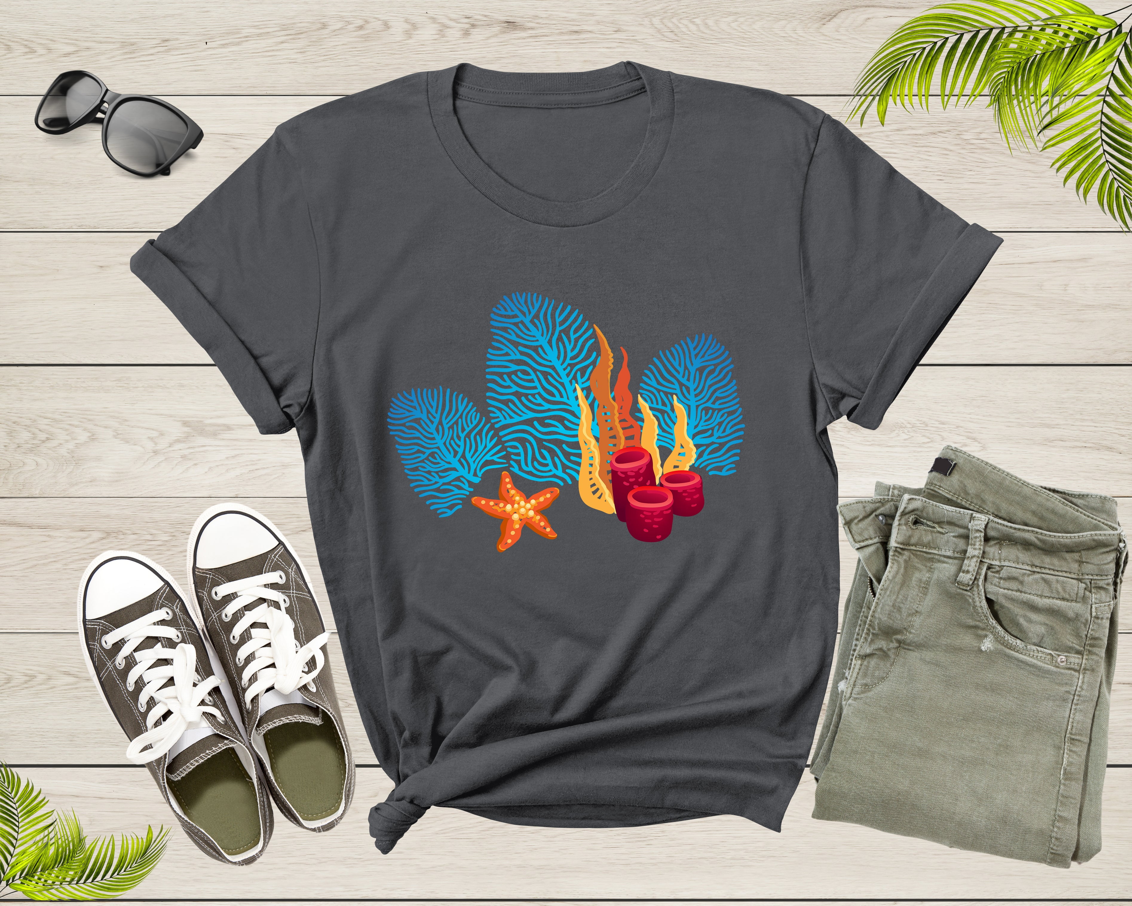 Bright Red Blue Coral Seaweed Marine Life Sea Life Starfish T-Shirt ...