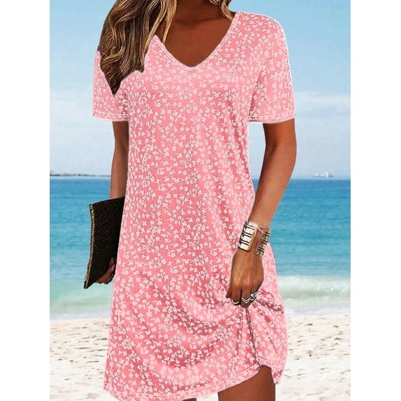 Bright Red Ditsy Floral V-Neck Short Sleeve Relaxed Fit Midi Dress For ...