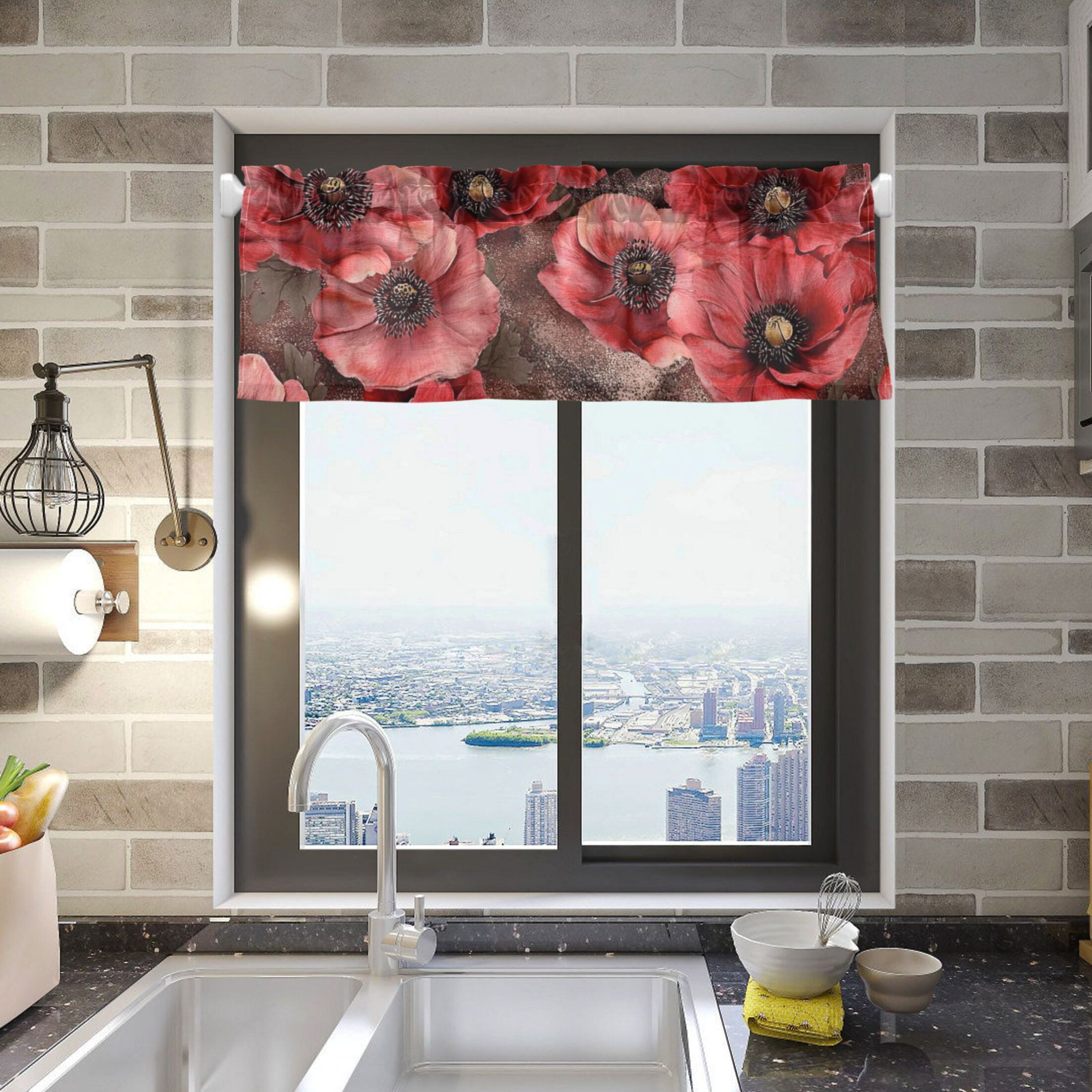 Bright Red Flowers Art Curtain Valances for Windows Kitchen Living Room ...