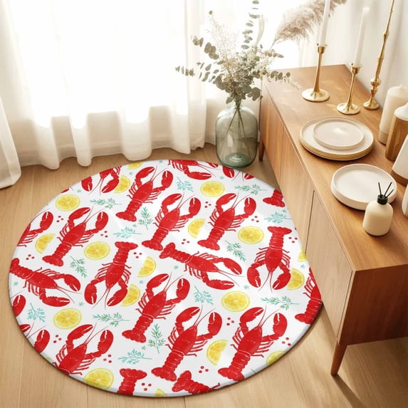 Bright Red Lobster Round Rug 3ft Fruit Yellow Lemon Slices Washable ...