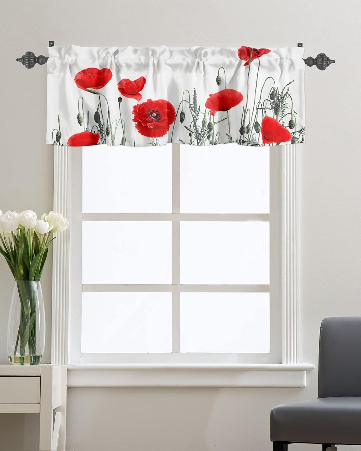 Bright Red Poppy Flowers Valance Curtain for Kitchen,Nature Plants on ...