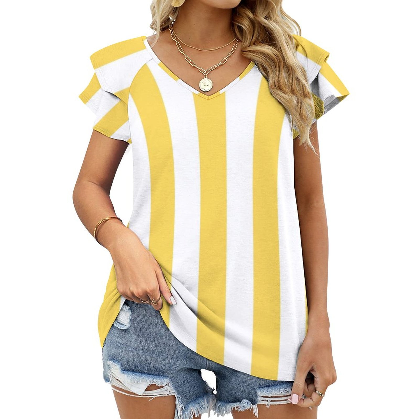 Bright Soleil Yellow And White Vertical Cabana Stripes Lotus Leaf Neck ...