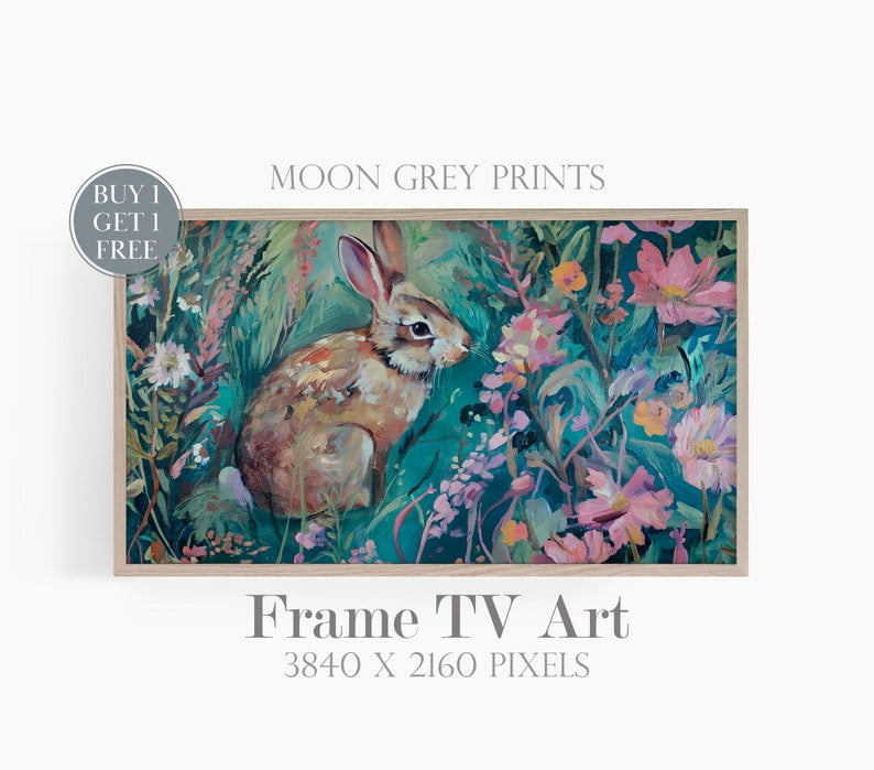 Bright Spring Frame TV Art, Cute Little Bunny Colorful Wildflower Field ...
