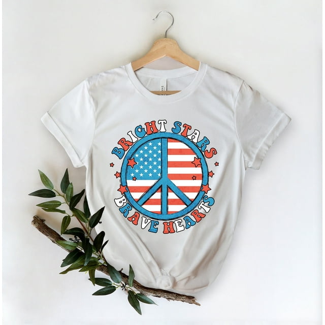 Bright Stars Brave Hearts Shirt, 4th Of July Peace Sign Shirt, Flag ...