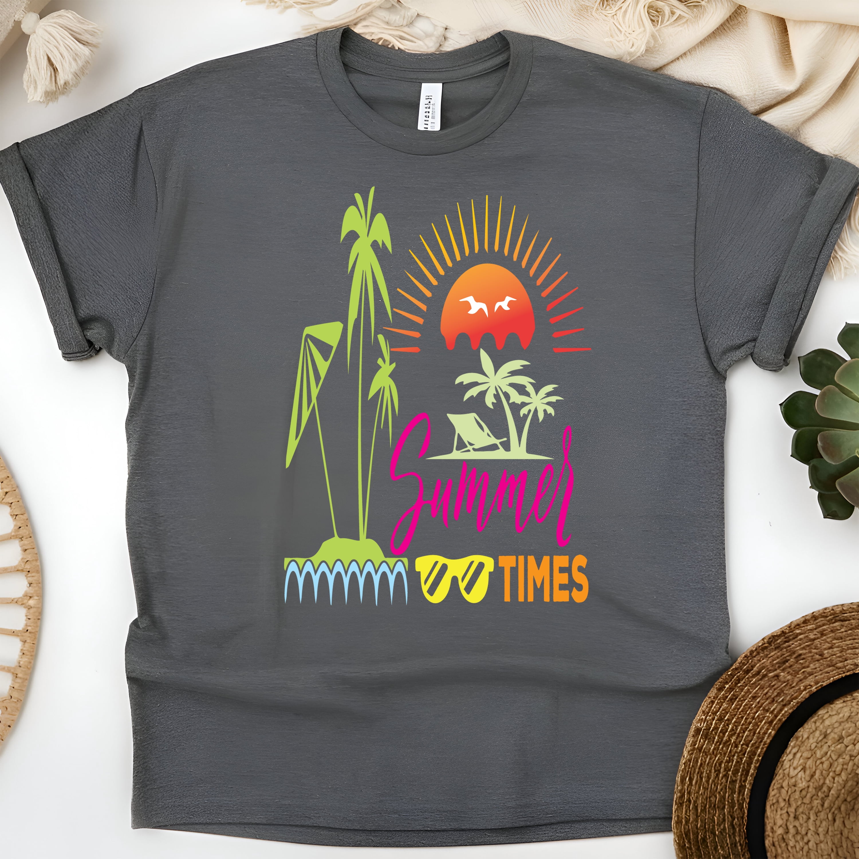 Bright Summer Times Shirt – Palm Trees Sunset Vacation Vibes Tee, Dark ...