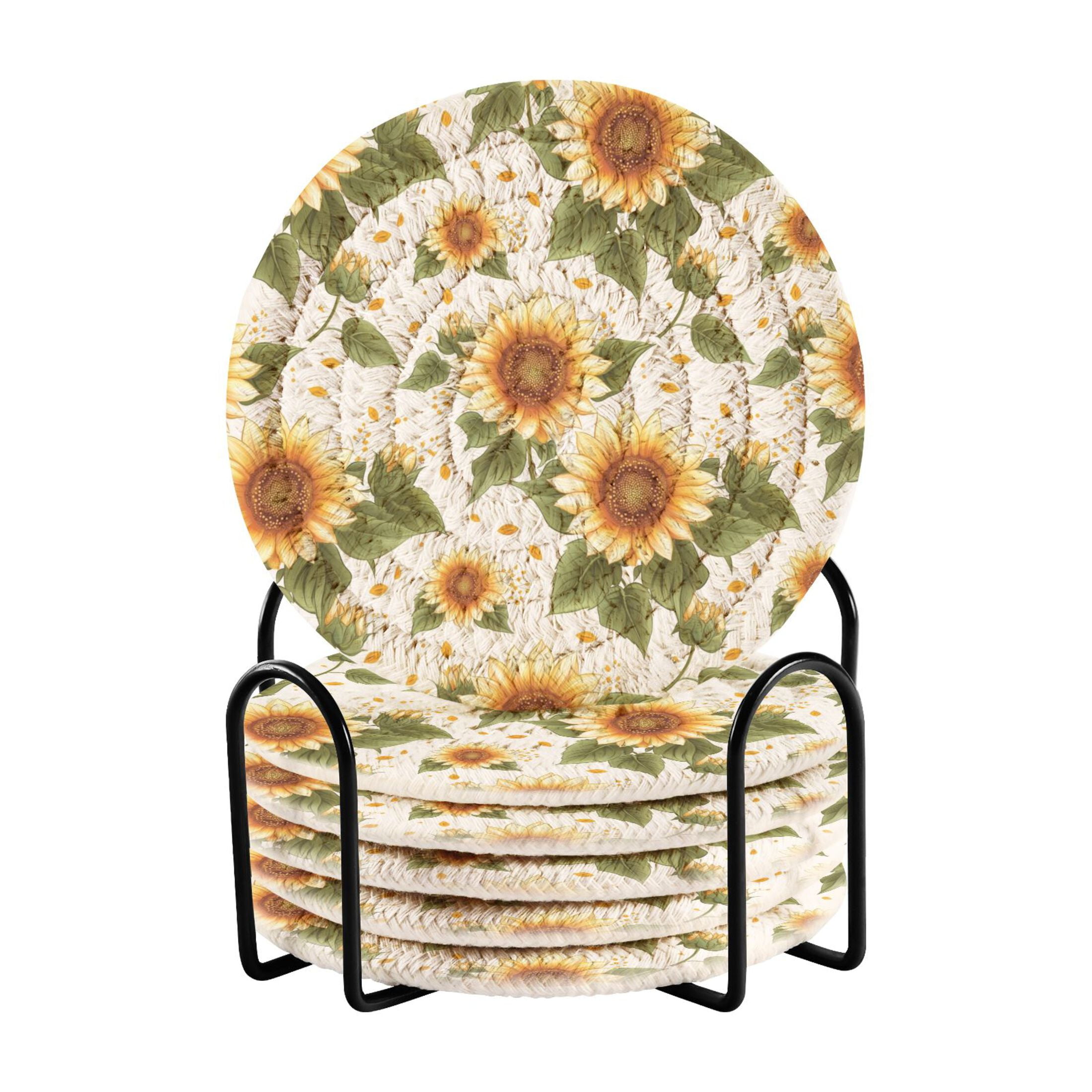 Bright Sunflower Drink Coasters with Holder Absorbent Coaster for ...