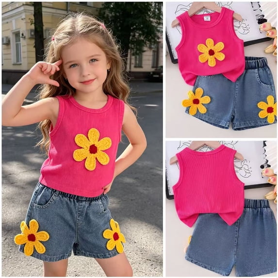 Bright Sunflower Knit Tank Top Denim Shorts Set for Girls Lightweight ...