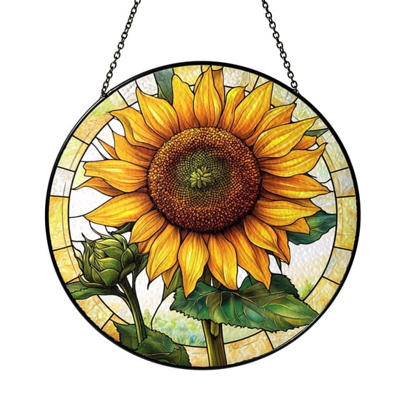 Bright Sunflower Stained Glass Round Suncatcher Window Hanging ...