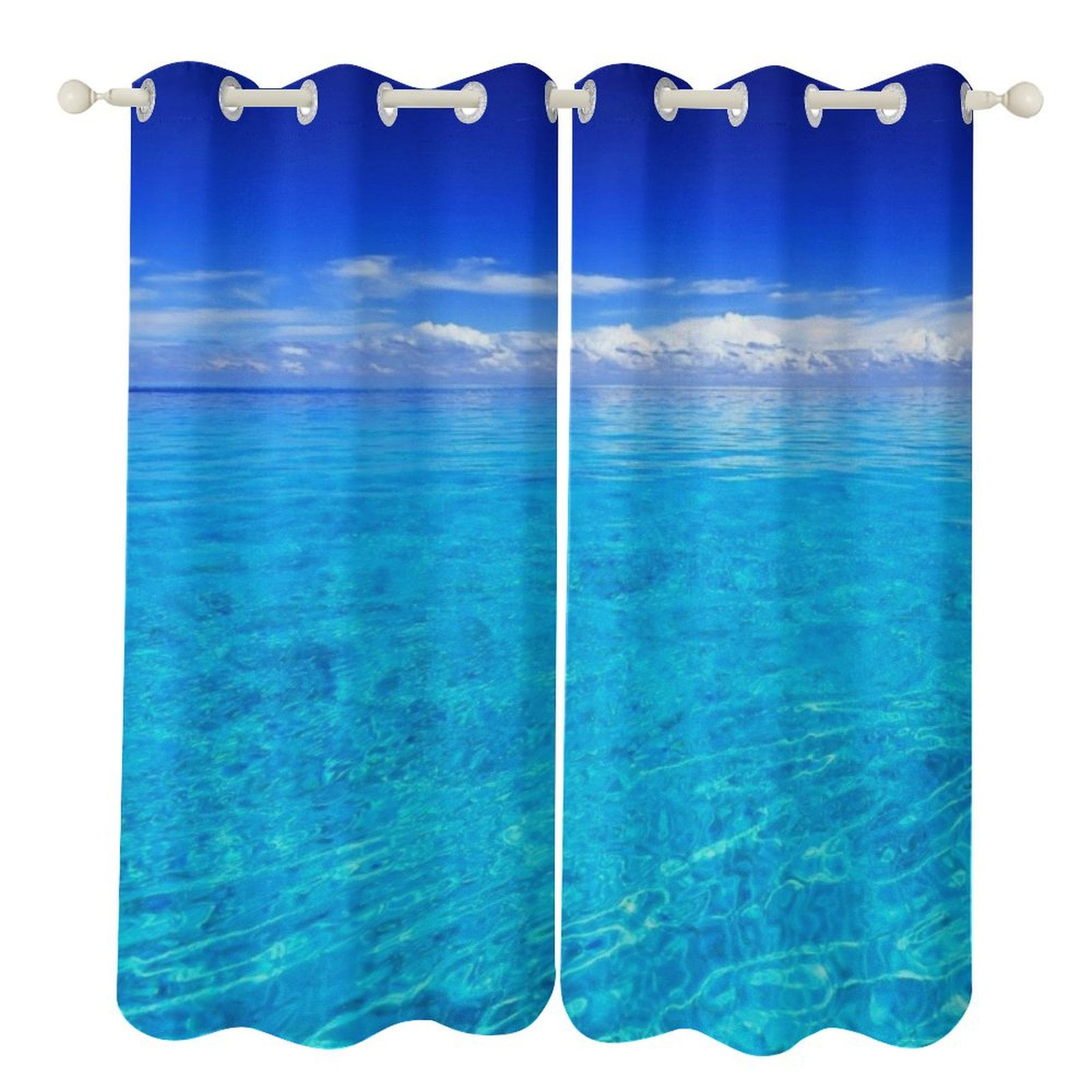 Bright Sunshine Through Deep Blue Sea Curtains Watercolor Theme Window ...