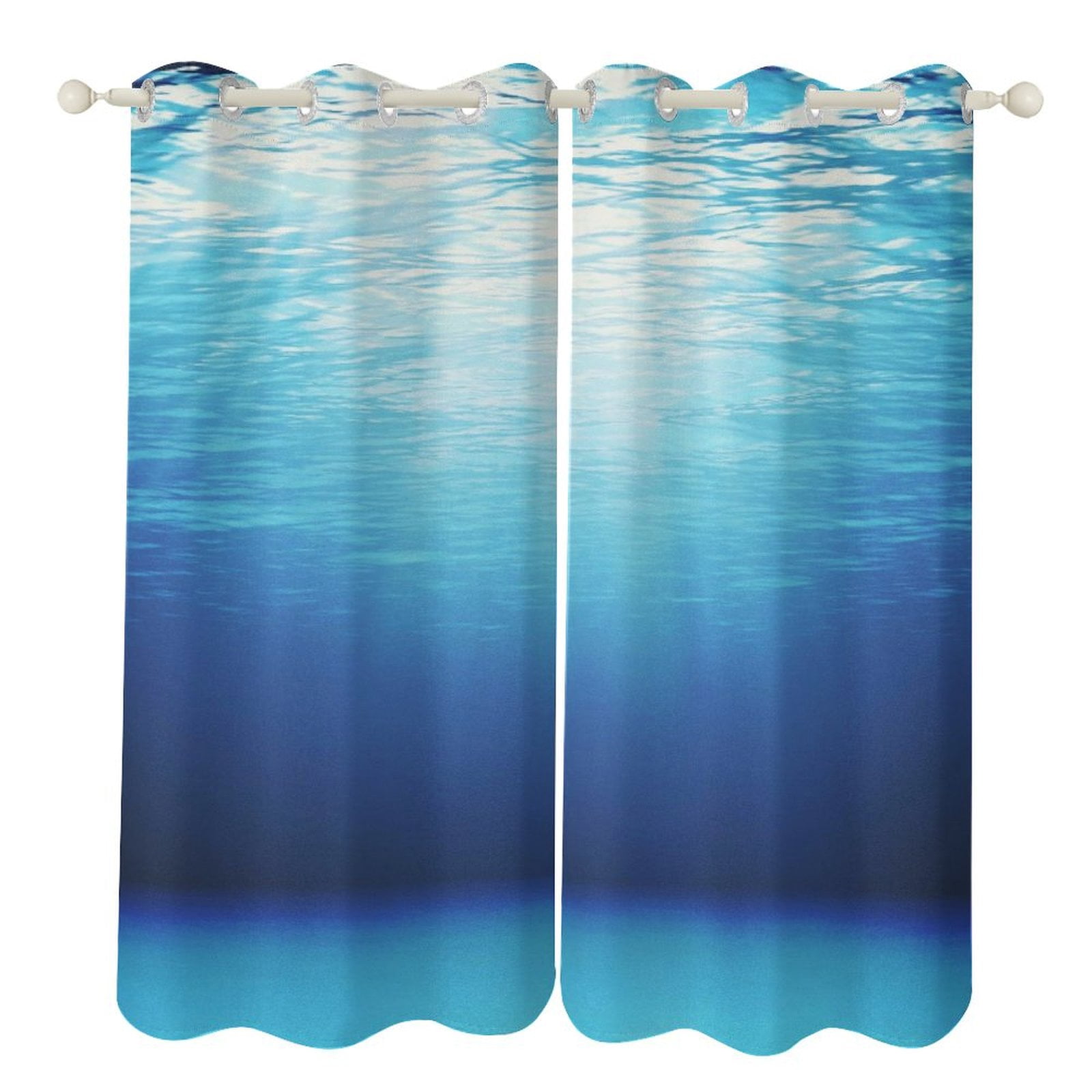 Bright Sunshine Through Deep Blue Sea Curtains Watercolor Theme Window ...