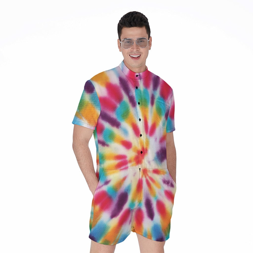 Bright Swirl Tie Dye Short Sleeve Men'S Rompers, Tie Dye Pattern Casual ...