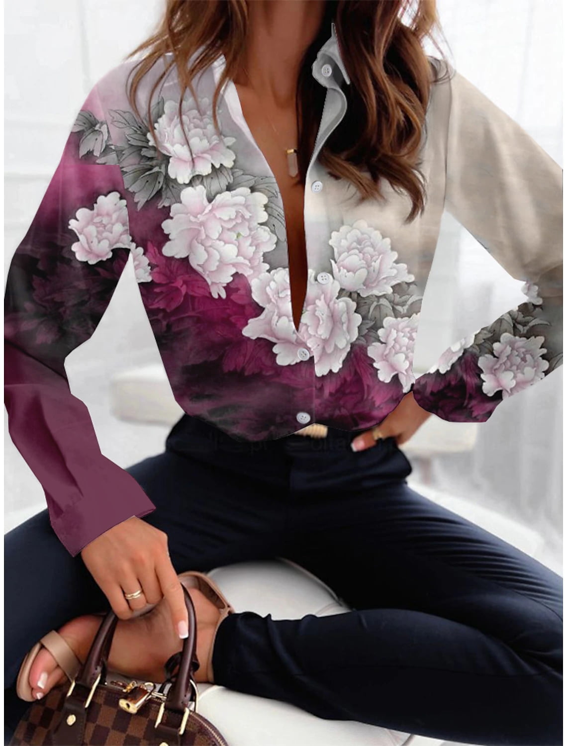 Bright Textured Pattern Oversized Women's Shirts Street Style Casual ...