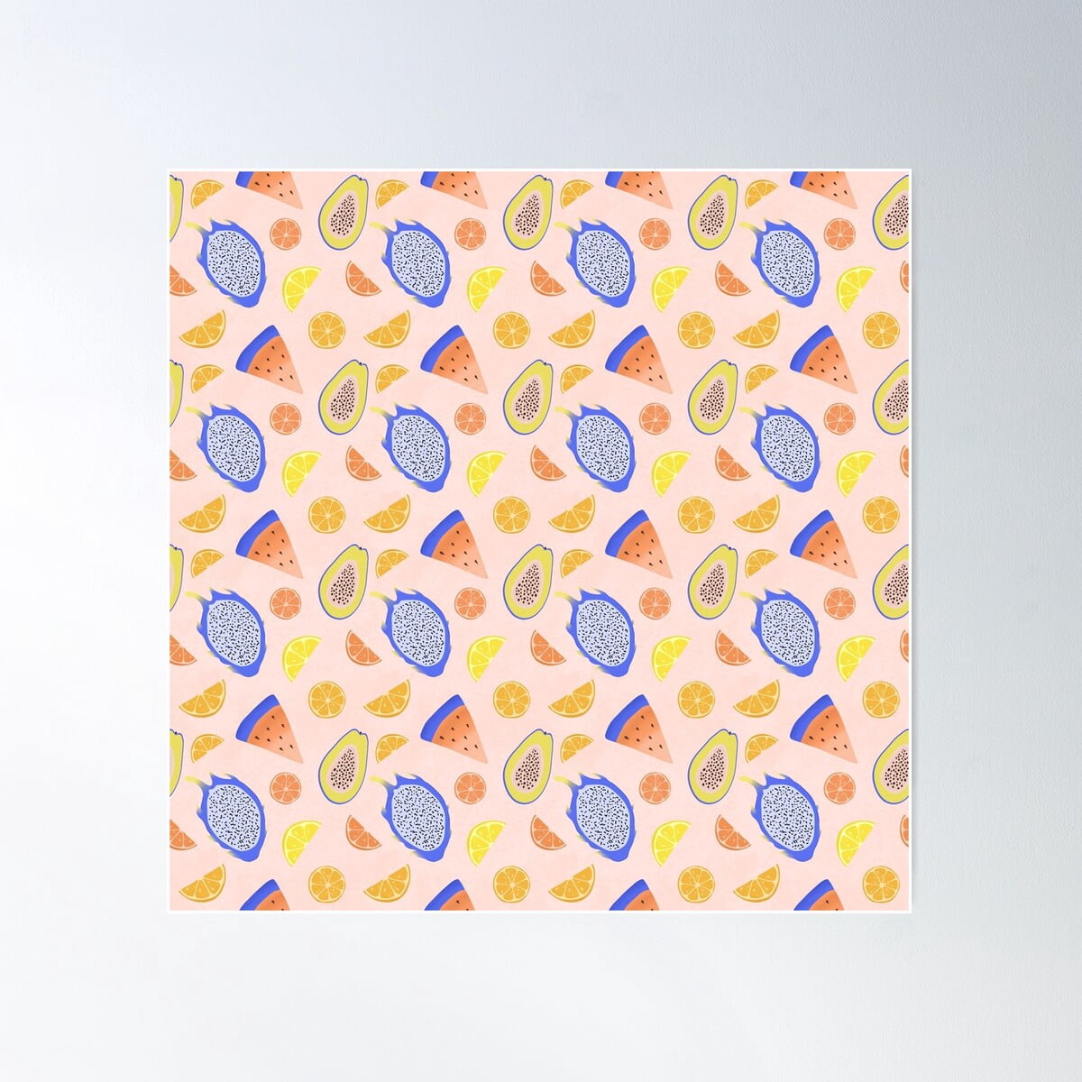Bright Tropical Fruit Pattern Peach Color Background Poster Wall Art ...