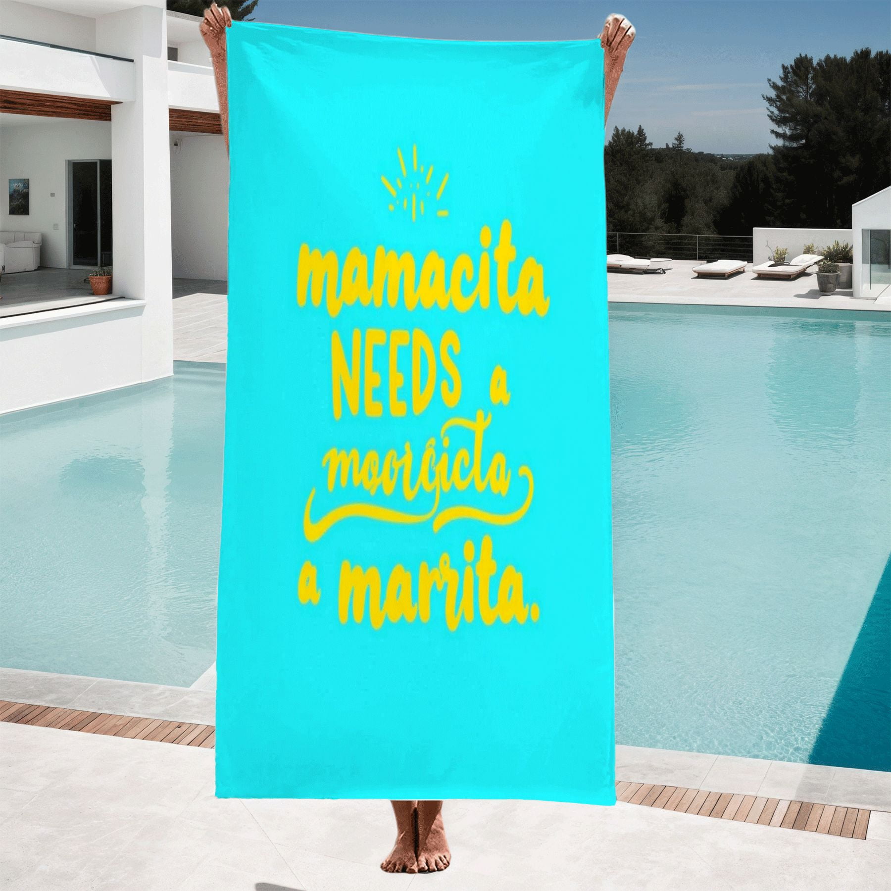 Bright Turquoise Beach Towel with Playful Yellow Text " mamáa needs a ...