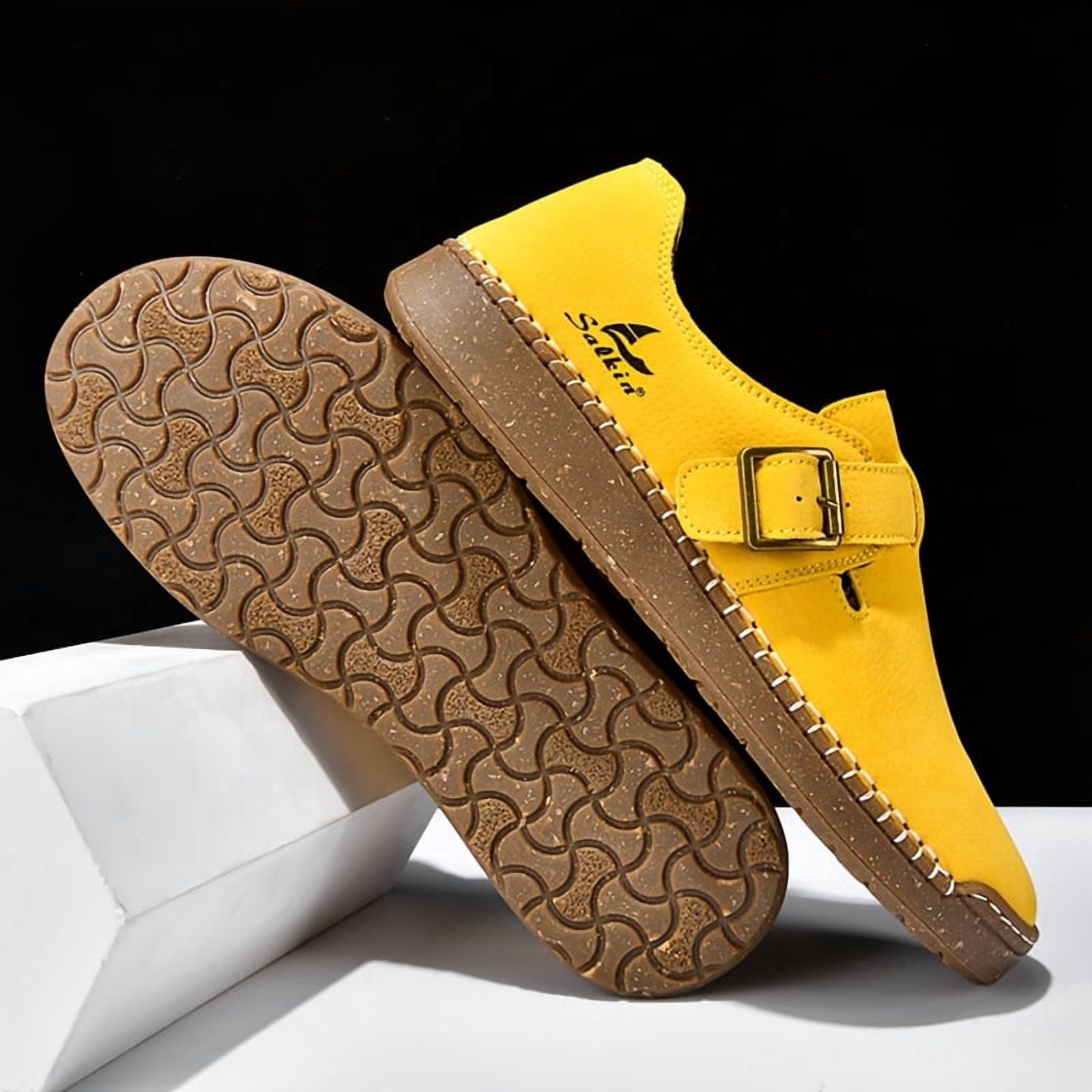 Bright Unisex Shoes Quick-On Design Wood Chip Sole Decorative Buckle ...